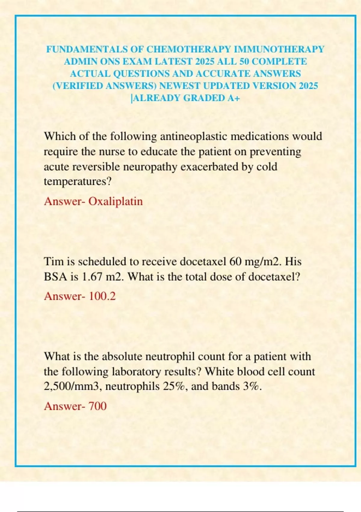 FUNDAMENTALS OF CHEMOTHERAPY IMMUNOTHERAPY ADMIN ONS EXAM LATEST 2025 ...