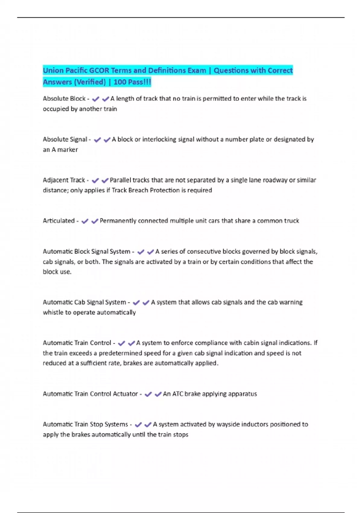 Union Pacific GCOR Terms and Definitions Exam | Questions with Correct ...