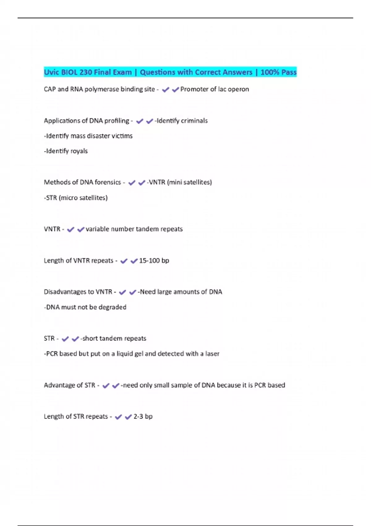 Uvic BIOL 230 Final Exam | Questions with Correct Answers | 100% Pass ...