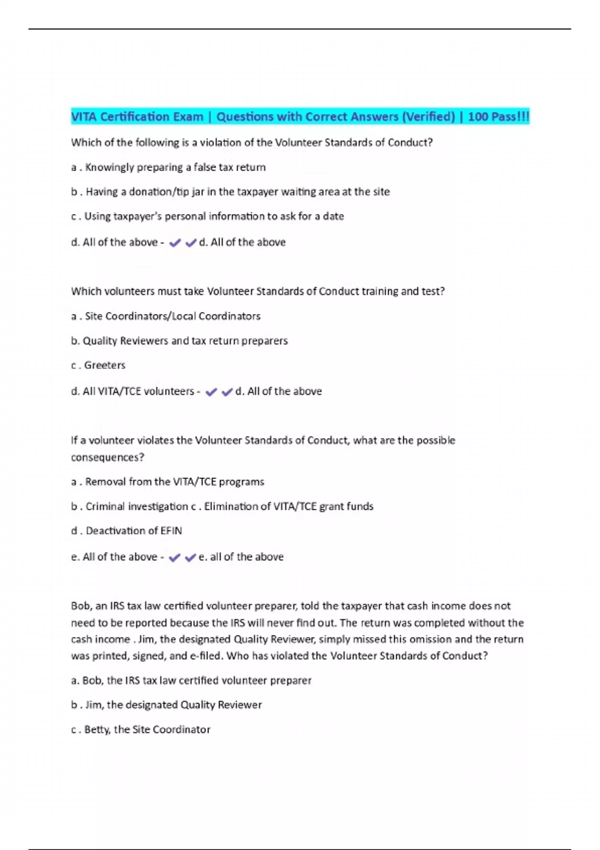 VITA Certification Exam | Questions with Correct Answers (Verified ...