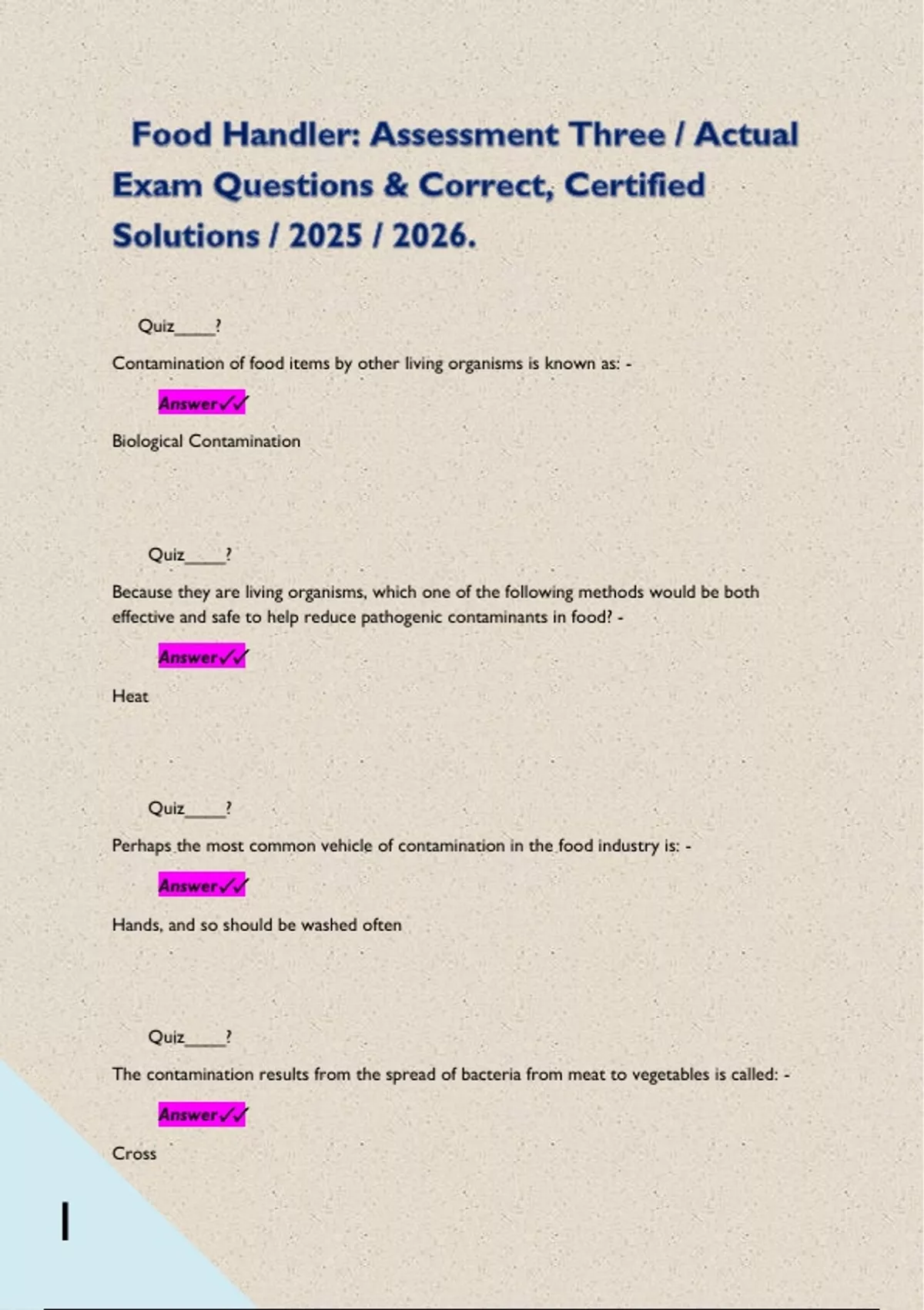 Food Handler: Assessment Three / Actual Exam Questions & Correct ...