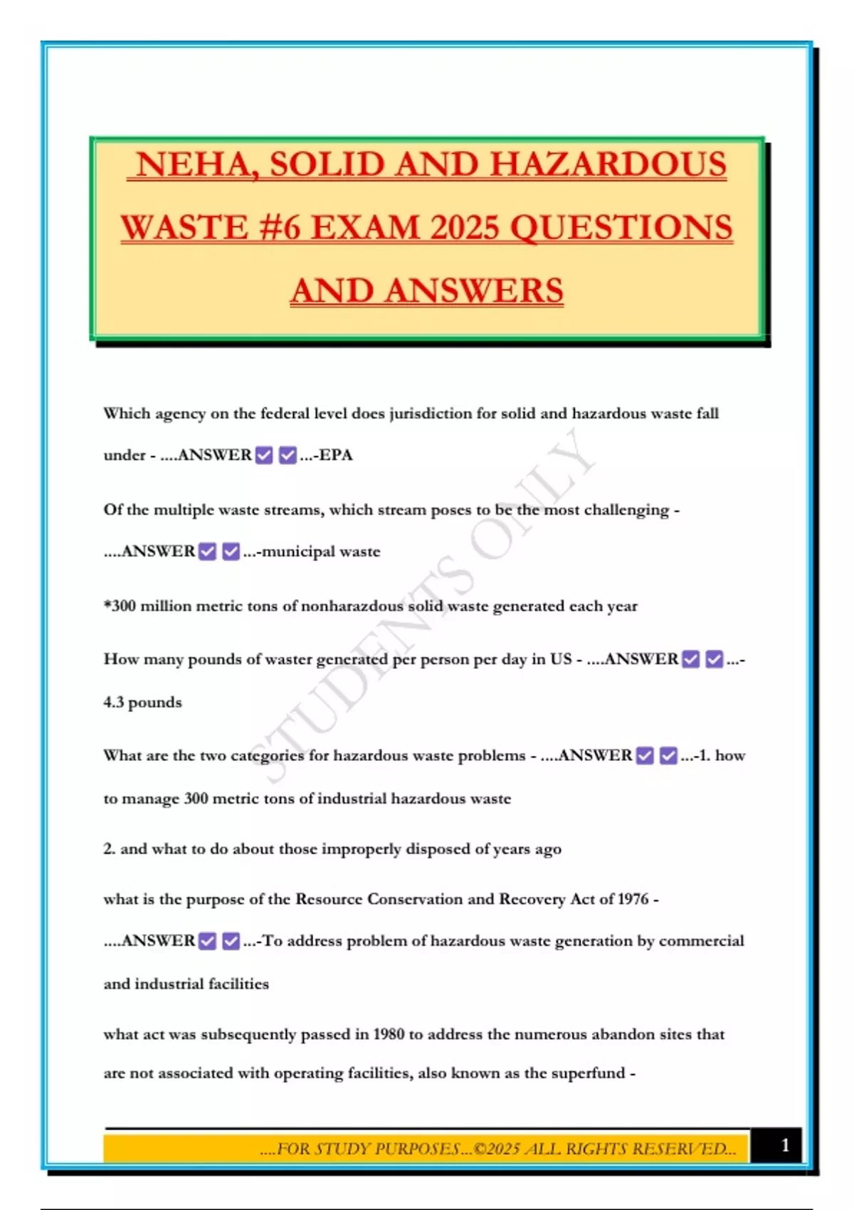 NEHA MODULE 7 (SOLID AND HAZARDOUS WASTE) EXAM 2025 QUESTIONS AND ...