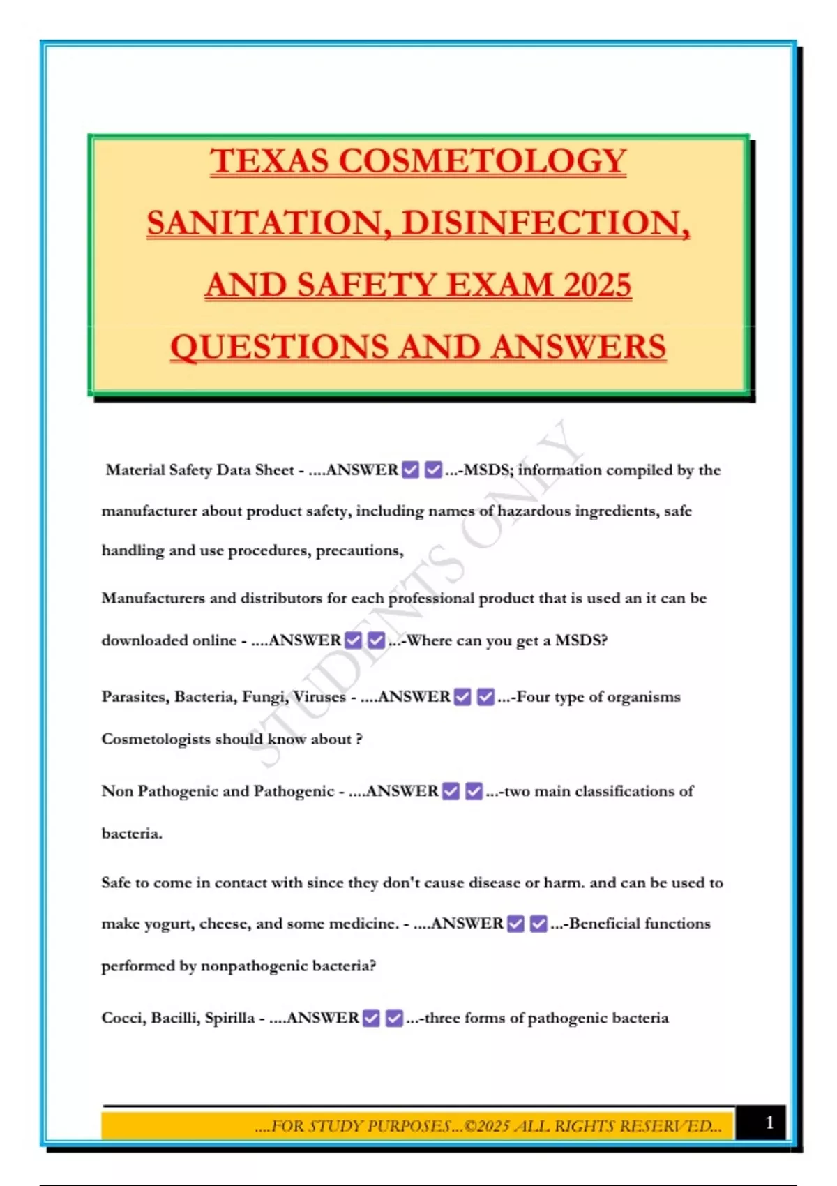 TEXAS COSMETOLOGY SANITATION, DISINFECTION, AND SAFETY EXAM 2025 ...