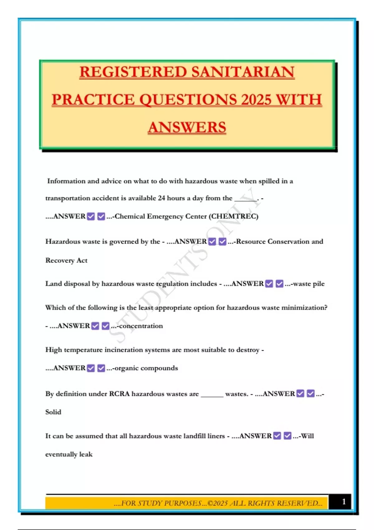 REGISTERED SANITARIAN PRACTICE QUESTIONS 2025 WITH ANSWERS - TEXAS FOOD ...