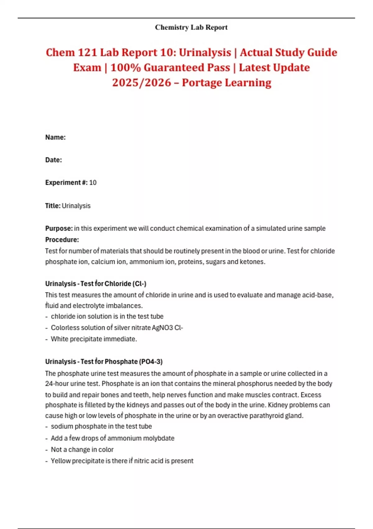 Chem 121 – Lab Report 10: Urinalysis | Portage Learning | 2025/2026 – Complete Study Guide with ...