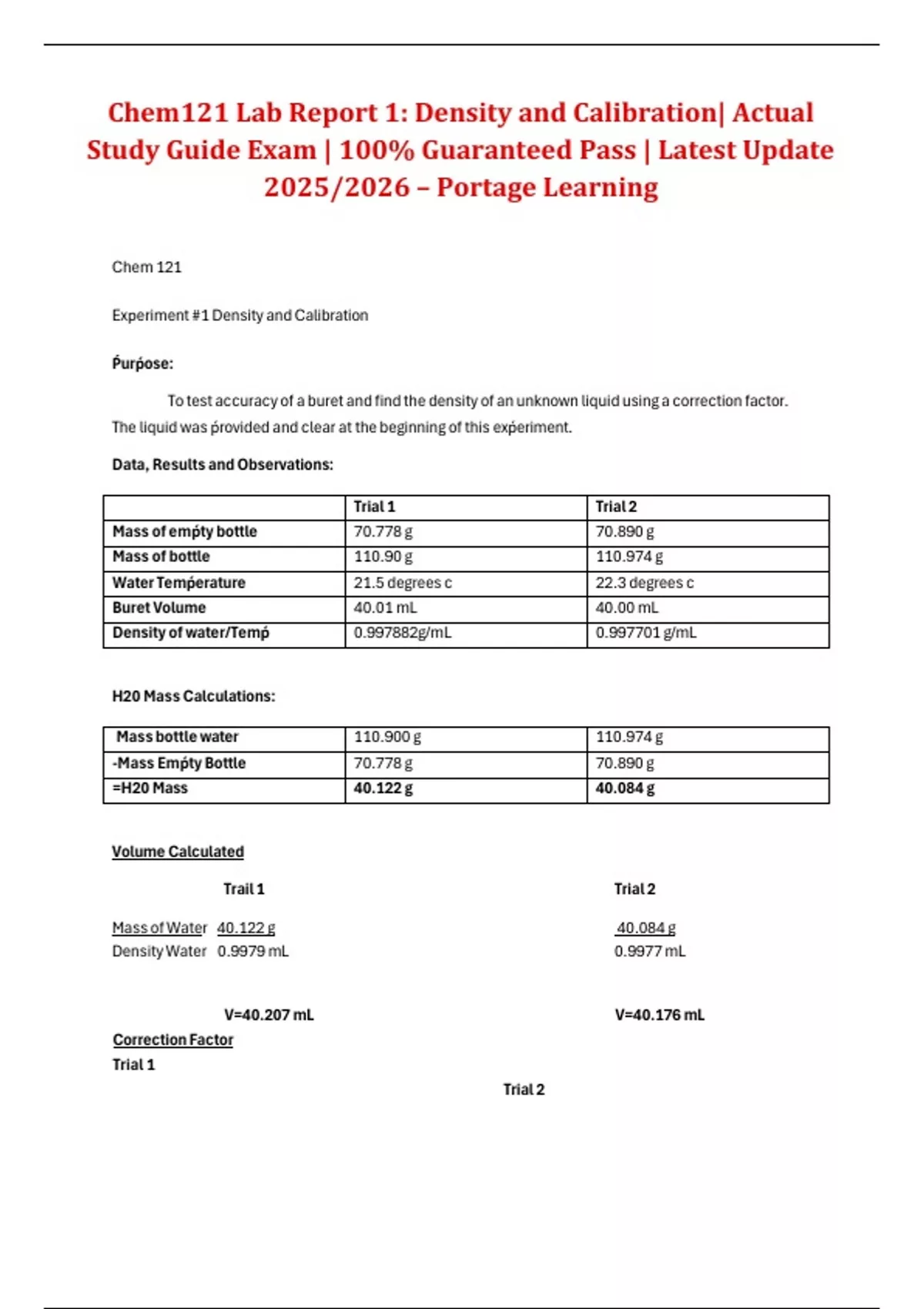 Chem 121 – Lab Report 1: Density and Calibration | Portage Learning | 2025/2026 – Complete Study ...