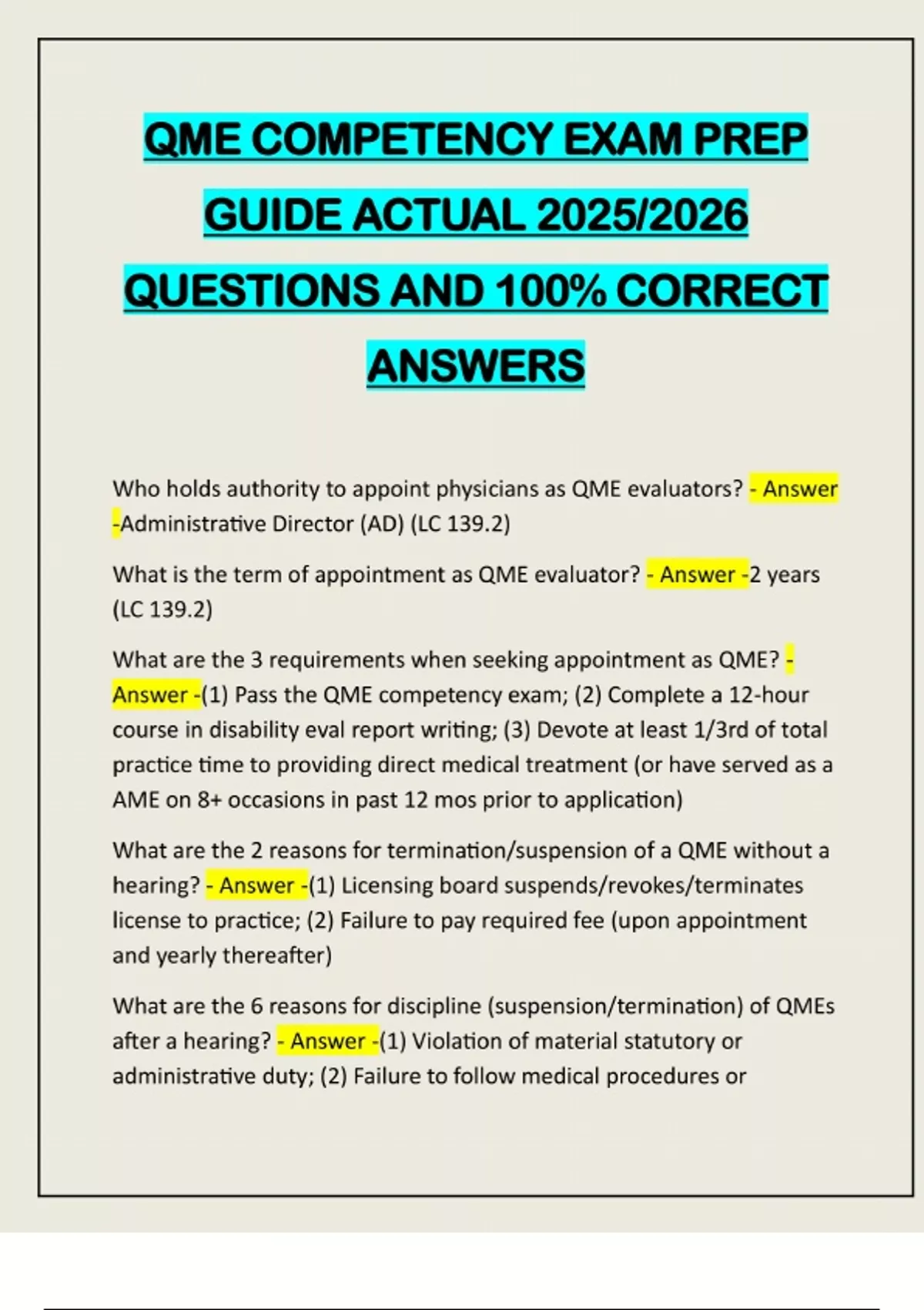 QME COMPETENCY EXAM PREP GUIDE ACTUAL 2025/2026 QUESTIONS AND 100% ...