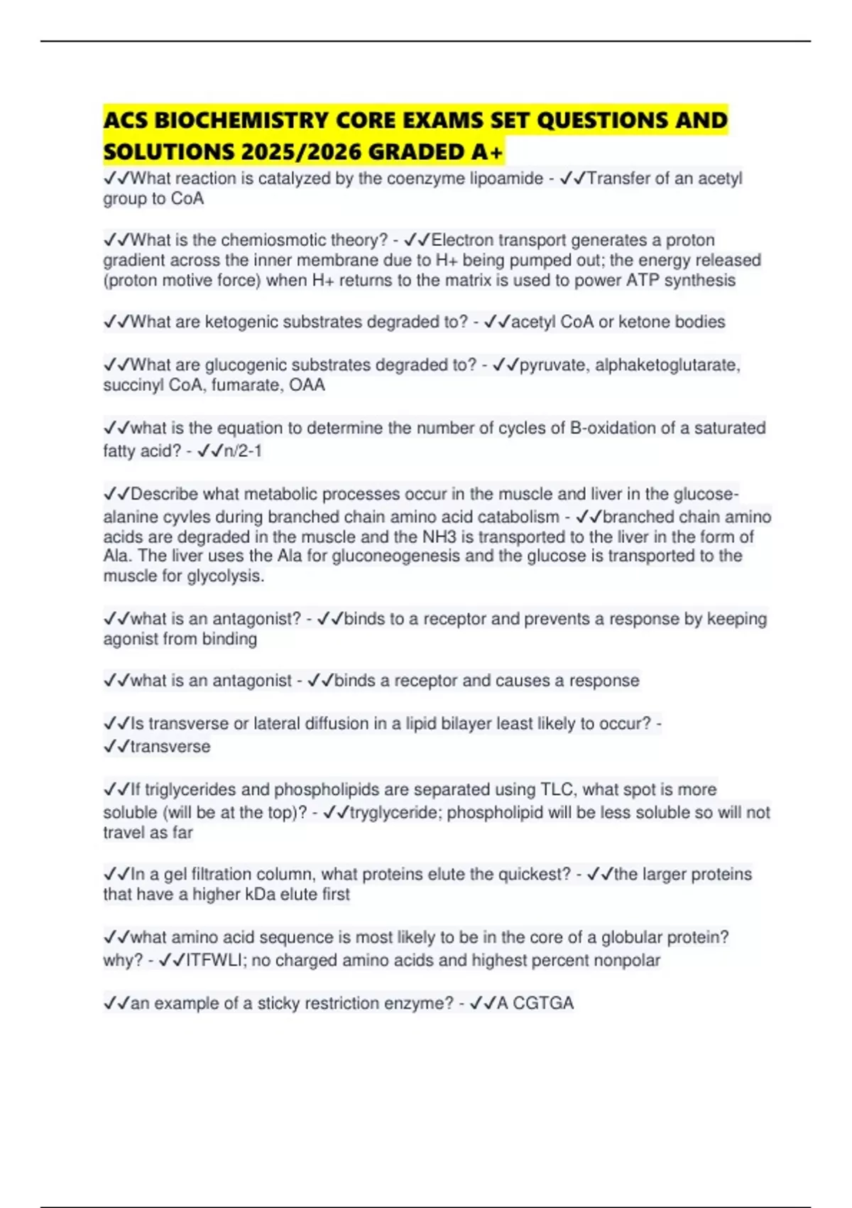 ACS BIOCHEMISTRY CORE EXAMS SET QUESTIONS AND SOLUTIONS 2025/2026 ...