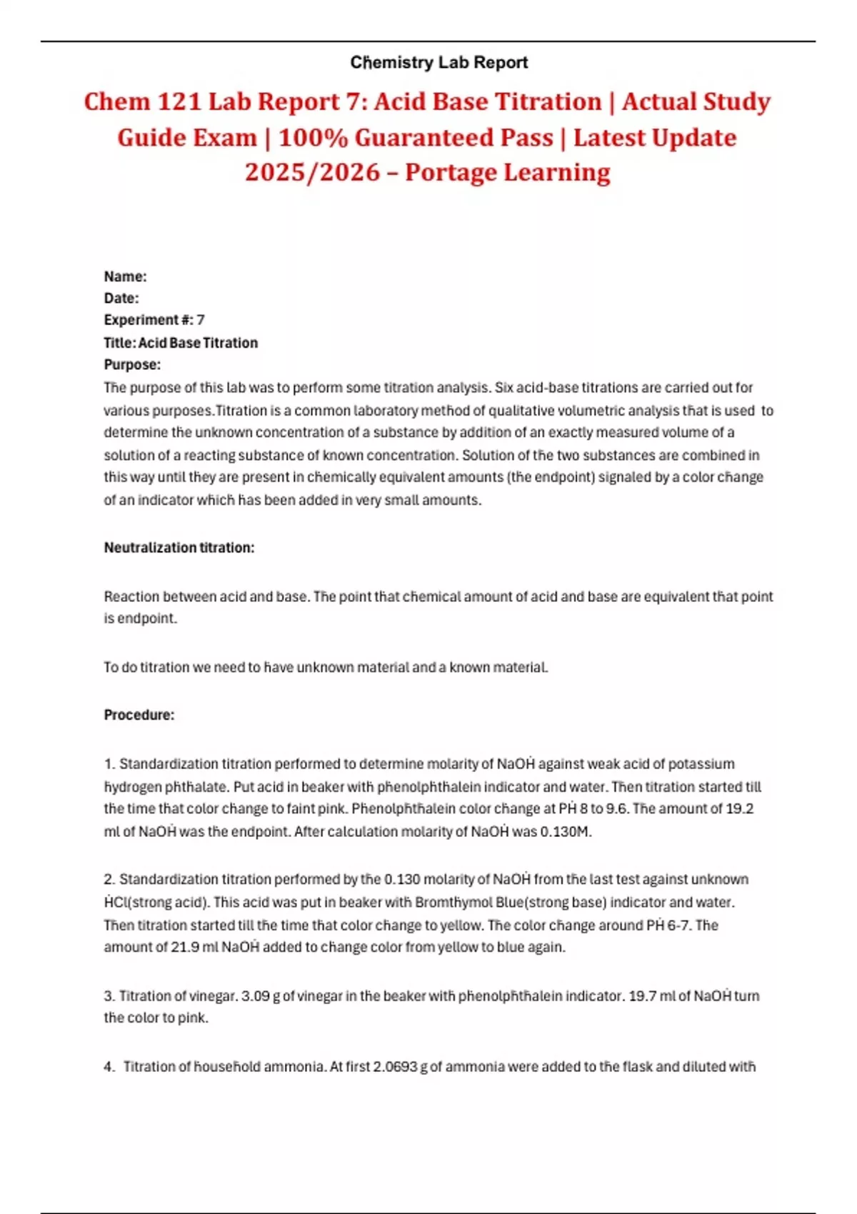Chem 121 – Lab Report 7: Acid-Base Titration | Portage Learning | 2025/2026 – Complete Study ...