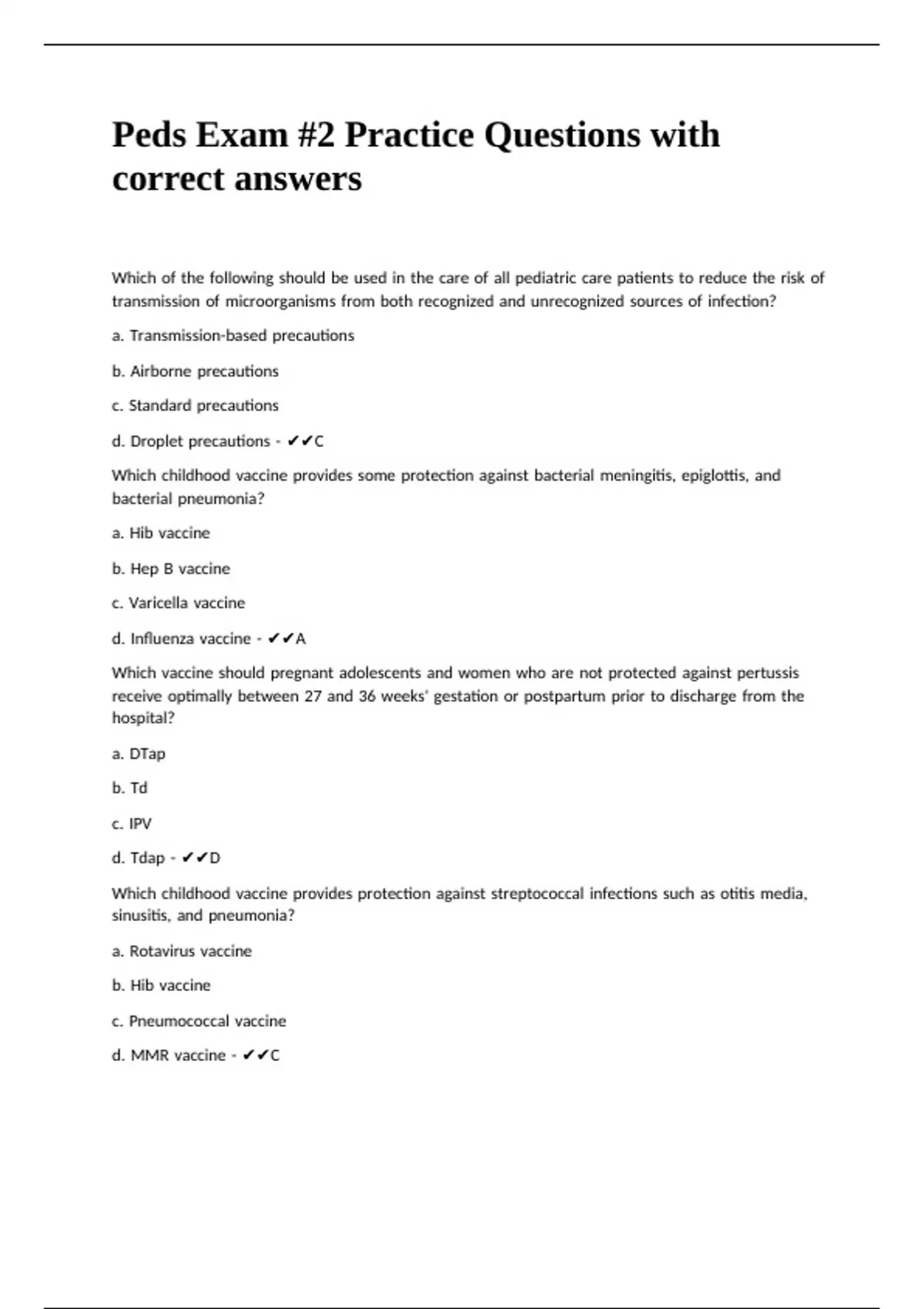 Peds Exam -2 Practice Questions with correct answers - Peds - Stuvia US
