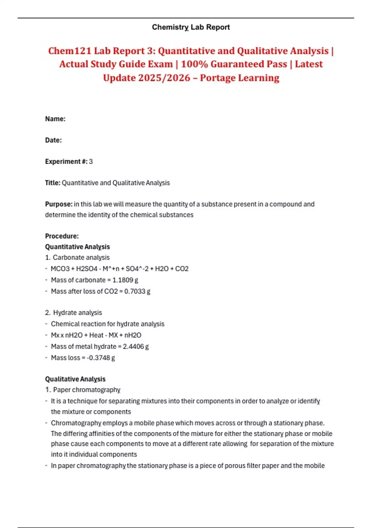 Chem 121 – Lab Report 3: Quantitative and Qualitative Analysis ...