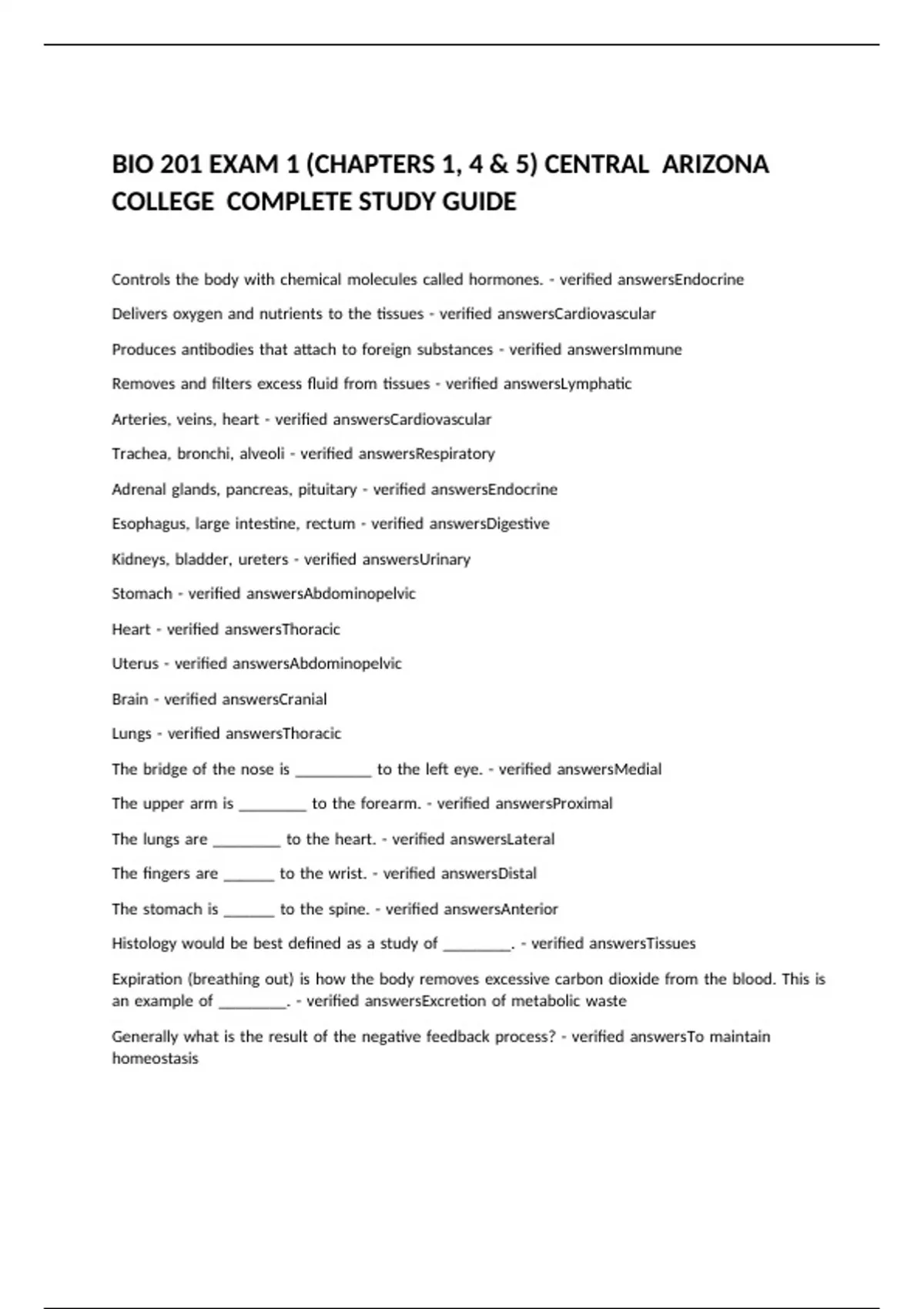 BIO 201 EXAM 1 (CHAPTERS 1, 4 & 5) CENTRAL ARIZONA COLLEGE COMPLETE STUDY GUIDE - BIO 201 ...