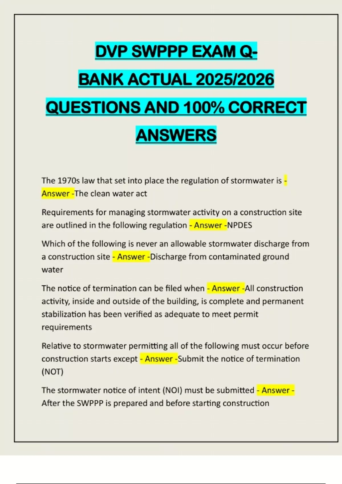 DVP SWPPP EXAM QBANK ACTUAL 2025/2026 QUESTIONS AND 100% CORRECT ...