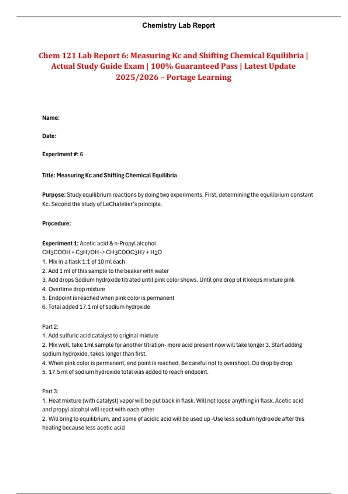 Chem 121 – Lab Report 6: Measuring Kc and Shifting Chemical Equilibria ...