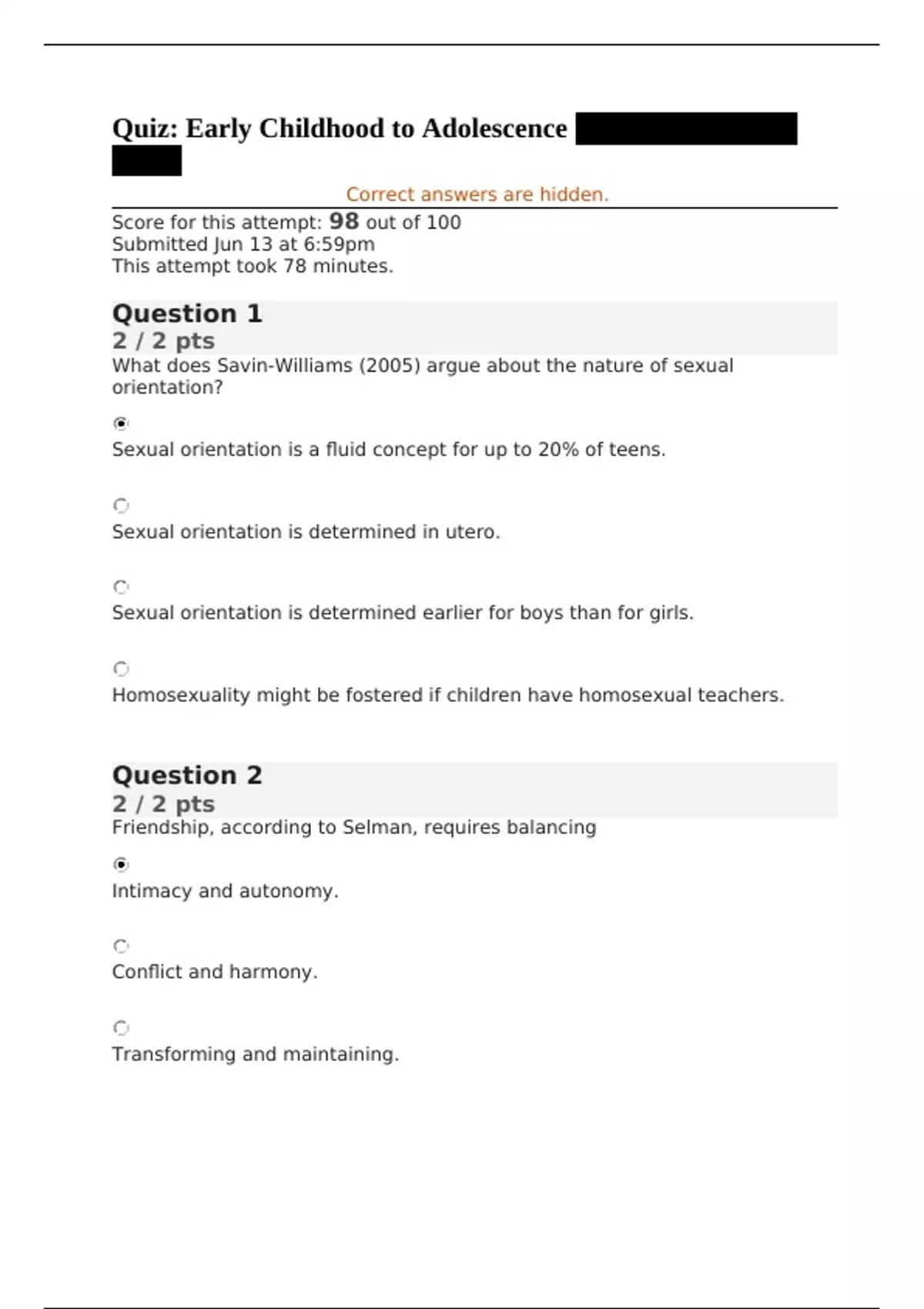 HSCO 502-Quiz Early Childhood to Adolescence-REDACTED | Score for this ...