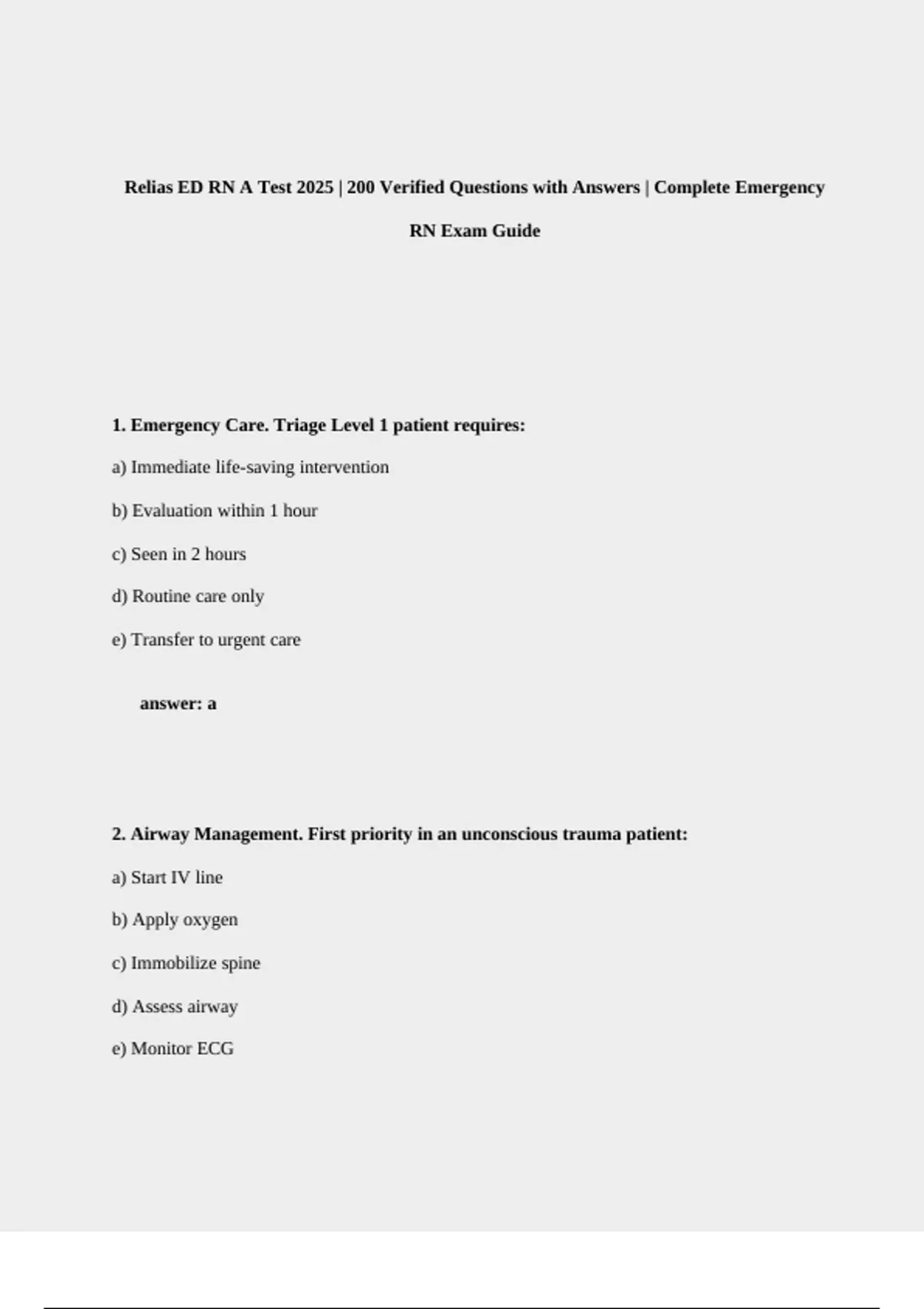 Relias ED RN A Test 2025 | 200 Verified Questions with Answers ...