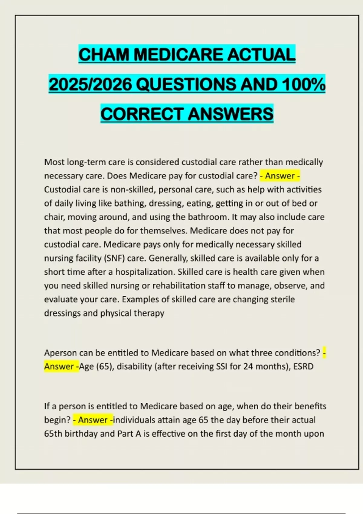 CHAM MEDICARE ACTUAL 2025/2026 QUESTIONS AND 100% CORRECT ANSWERS ...