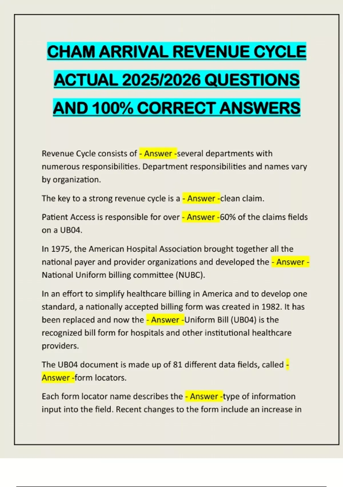 CHAM ARRIVAL REVENUE CYCLE ACTUAL 2025/2026 QUESTIONS AND 100% CORRECT ...