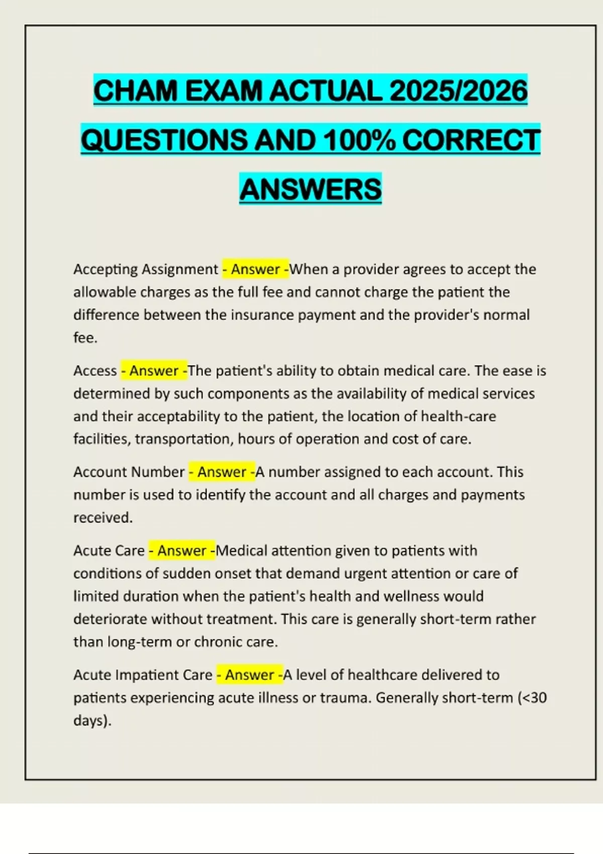 CHAM EXAM ACTUAL 2025/2026 QUESTIONS AND 100% CORRECT ANSWERS - CHAM ...