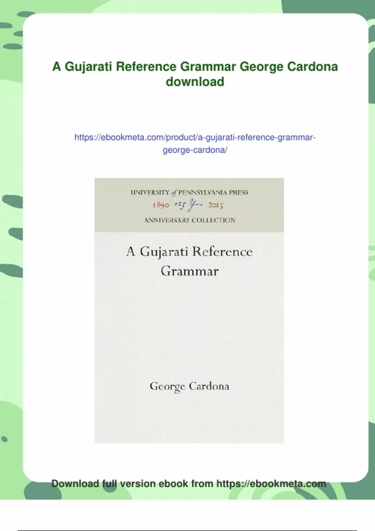 Summary A Gujarati Reference Grammar George Cardona - Instant Download ...