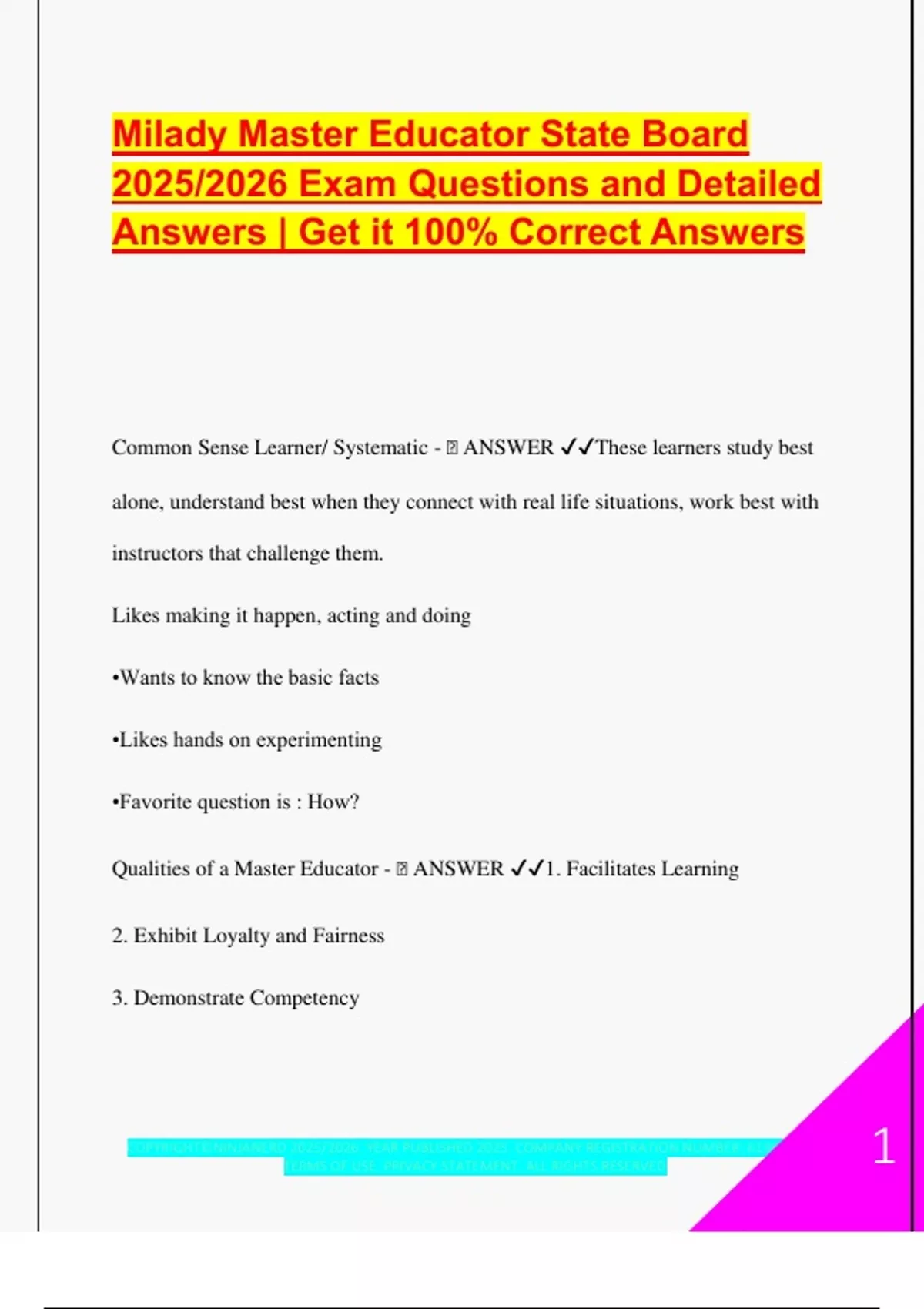 Milady Master Educator State Board 2025/2026 Exam Questions and ...