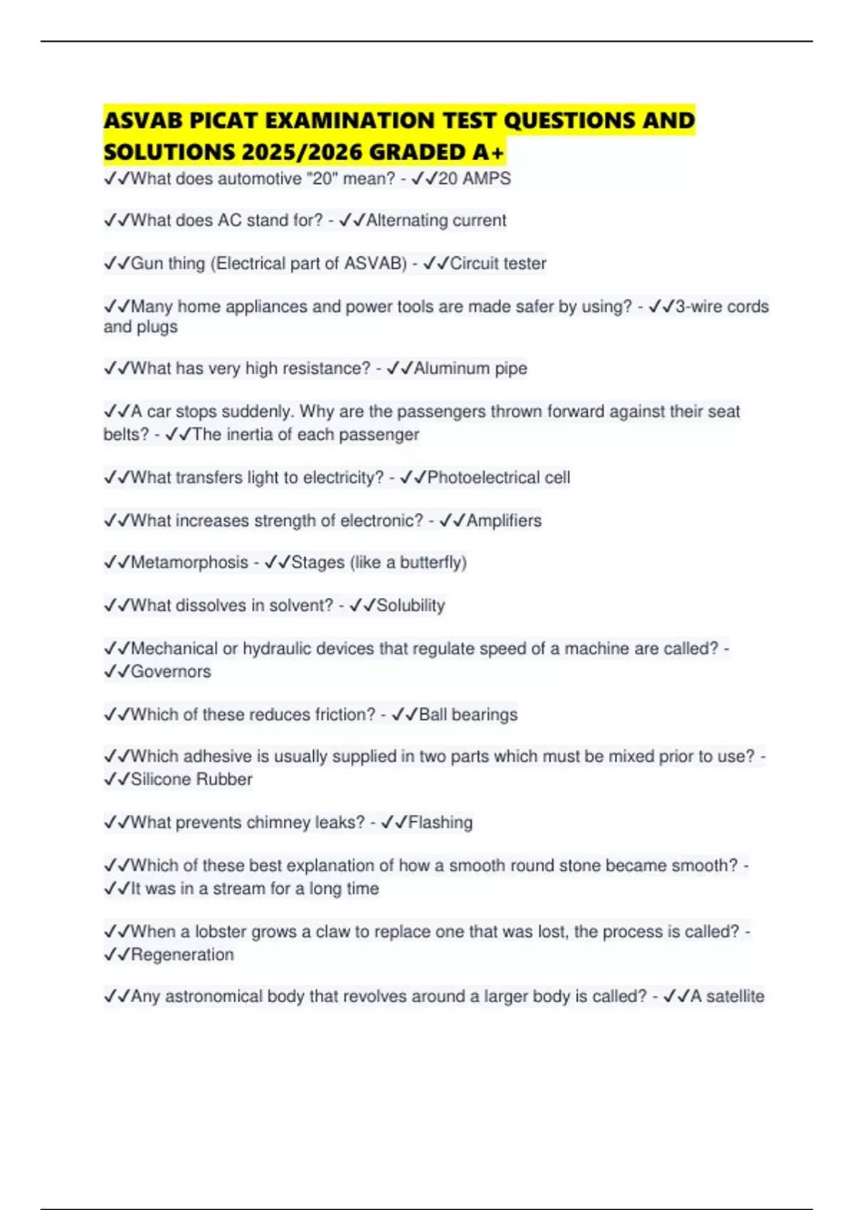 ASVAB PICAT EXAMINATION TEST QUESTIONS AND SOLUTIONS 2025/2026 GRADED ...