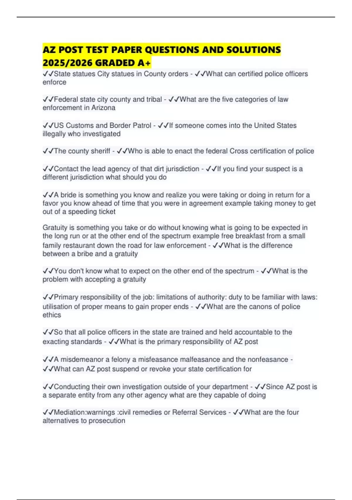 AZ POST TEST PAPER QUESTIONS AND SOLUTIONS 2025/2026 GRADED A+ - AZ ...