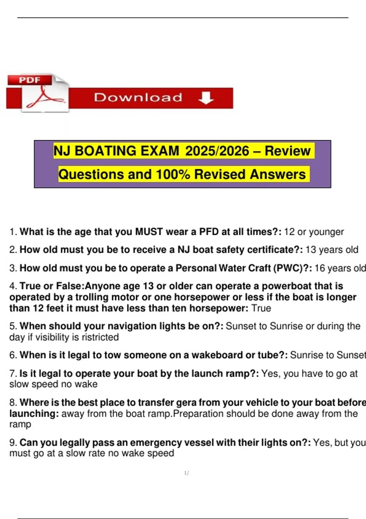 NJ BOATING EXAM 2025/2026 – Review Questions and 100% Revised Answers ...