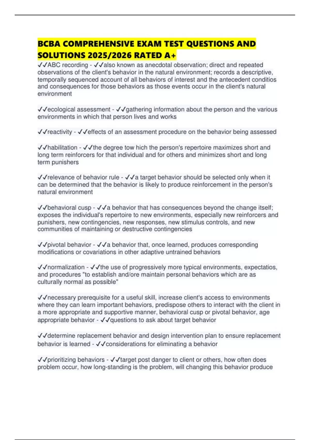 BCBA COMPREHENSIVE EXAM TEST QUESTIONS AND SOLUTIONS 2025/2026 RATED A+ ...