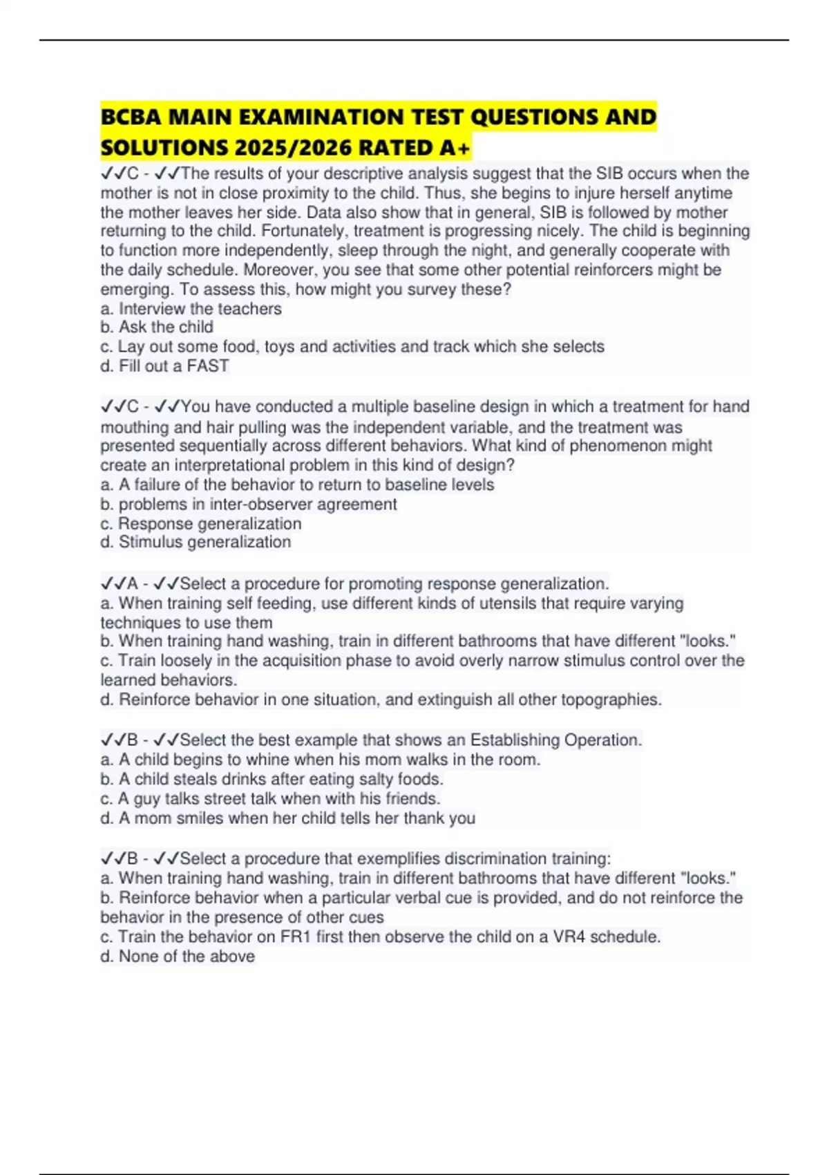 BCBA MAIN EXAMINATION TEST QUESTIONS AND SOLUTIONS 2025/2026 RATED A+ ...