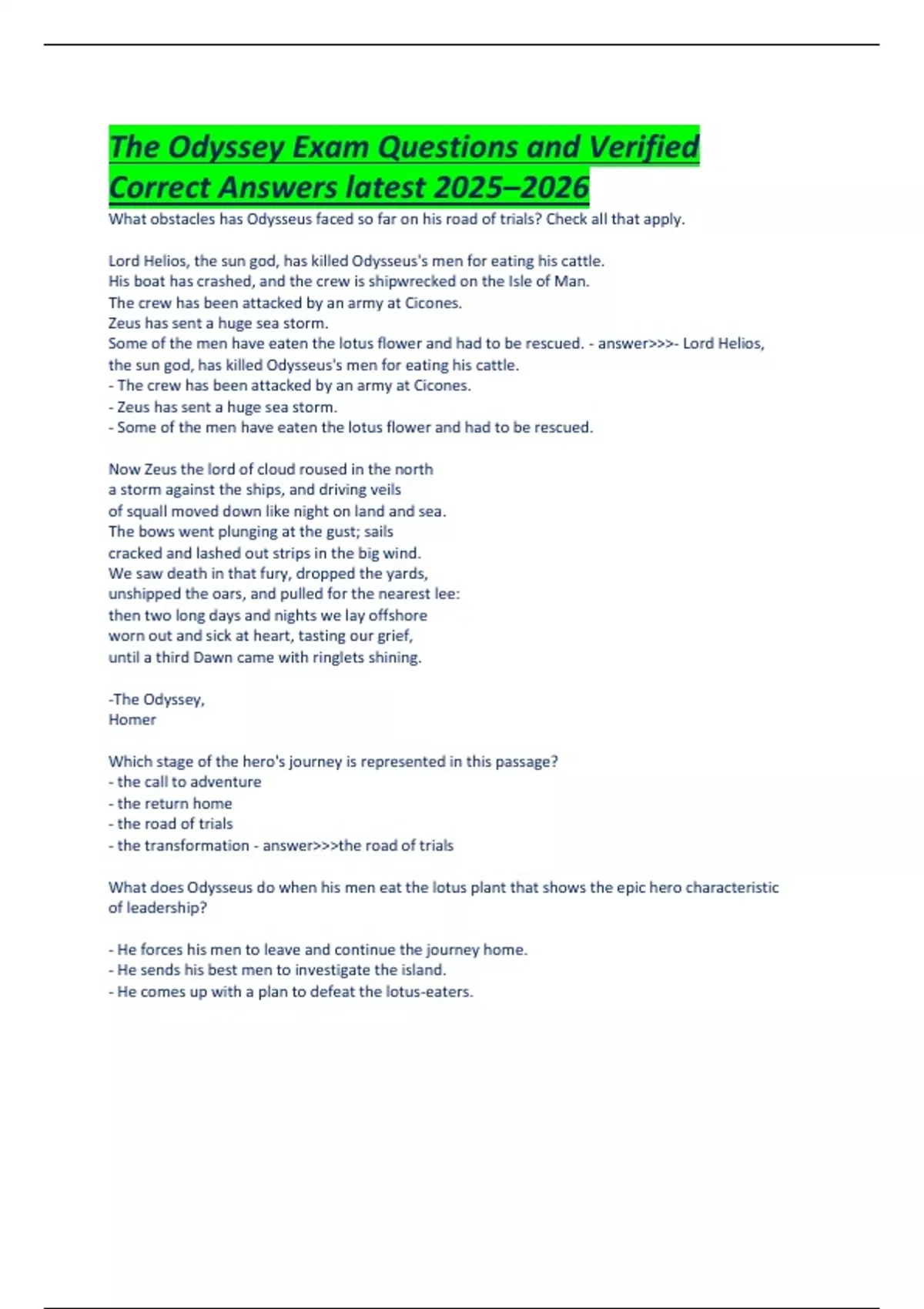 The Odyssey Exam Questions and Verified Correct Answers latest 2025 ...