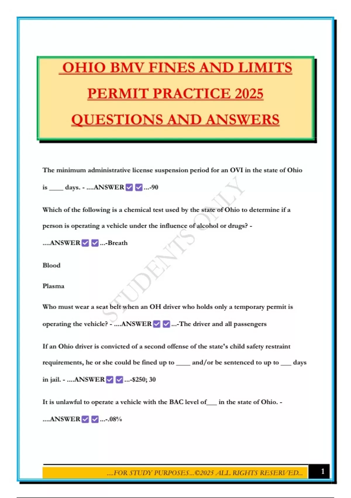 OHIO BMV FINES AND LIMITS PERMIT PRACTICE 2025 QUESTIONS AND ANSWERS ...