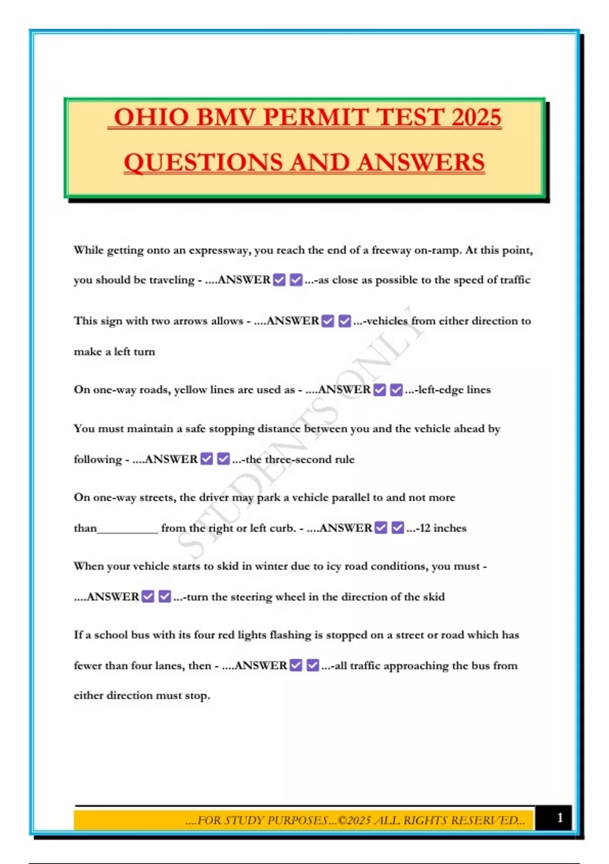 OHIO BMV PERMIT TEST 2025 QUESTIONS AND ANSWERS - OHIO BMV - Stuvia US