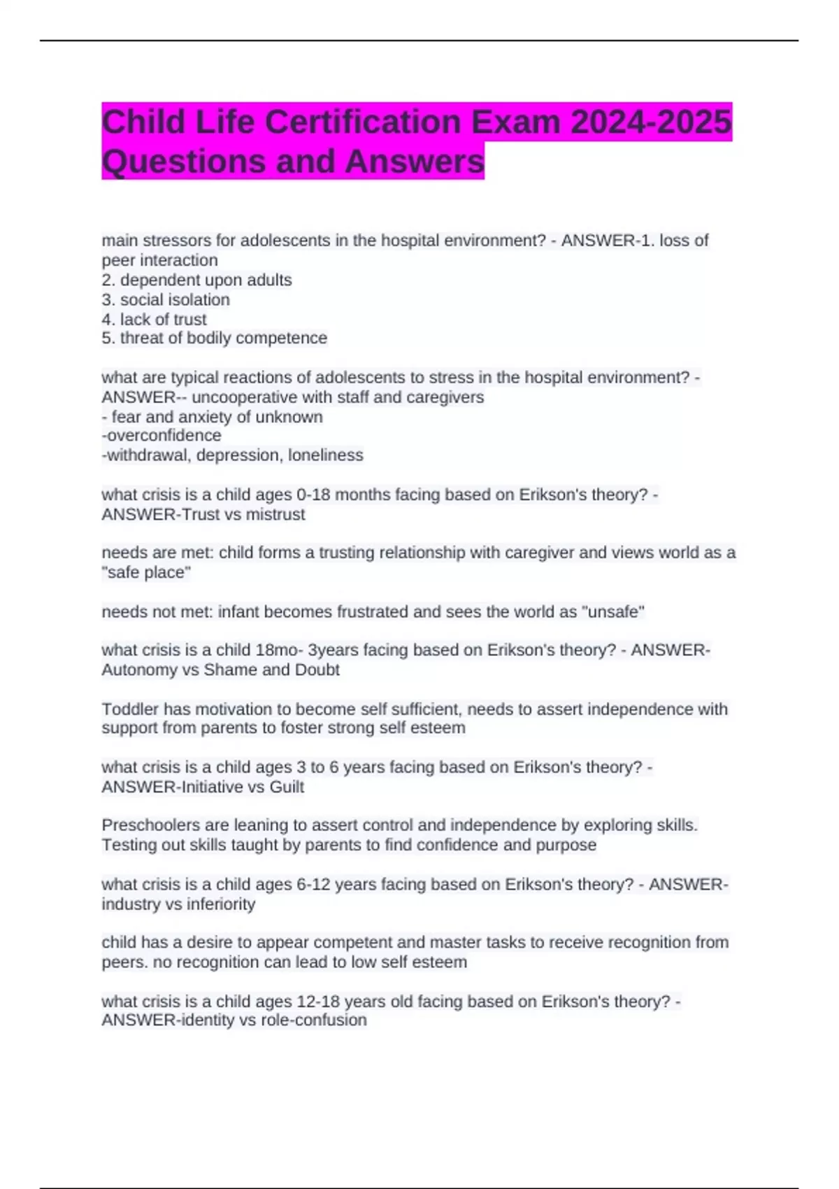 Child Life Certification Exam Questions and Answers - Child Life ...