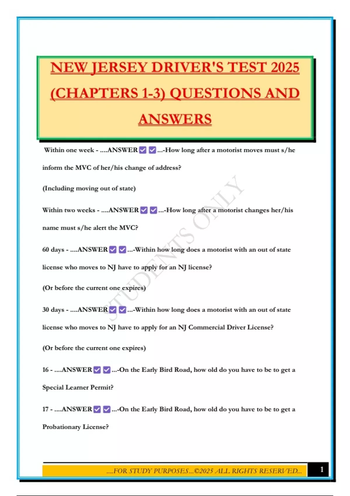 NEW JERSEY DRIVER'S TEST 2025 (CHAPTERS 1-3) QUESTIONS AND ANSWERS ...