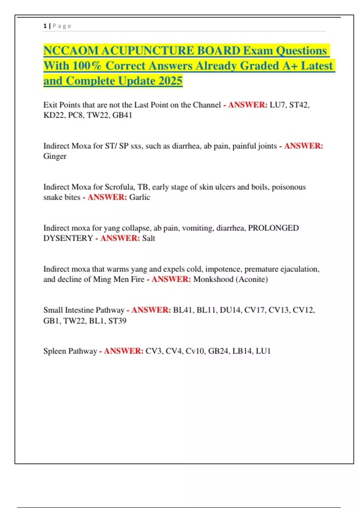NCCAOM ACUPUNCTURE BOARD Exam Questions With 100% Correct Answers ...