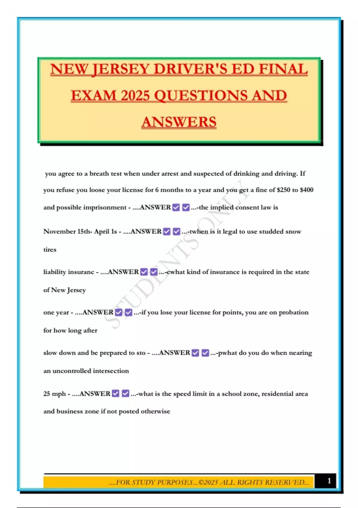 NEW JERSEY DRIVER'S ED FINAL EXAM 2025 QUESTIONS AND ANSWERS - NEW JERSEY PERMIT - Stuvia US