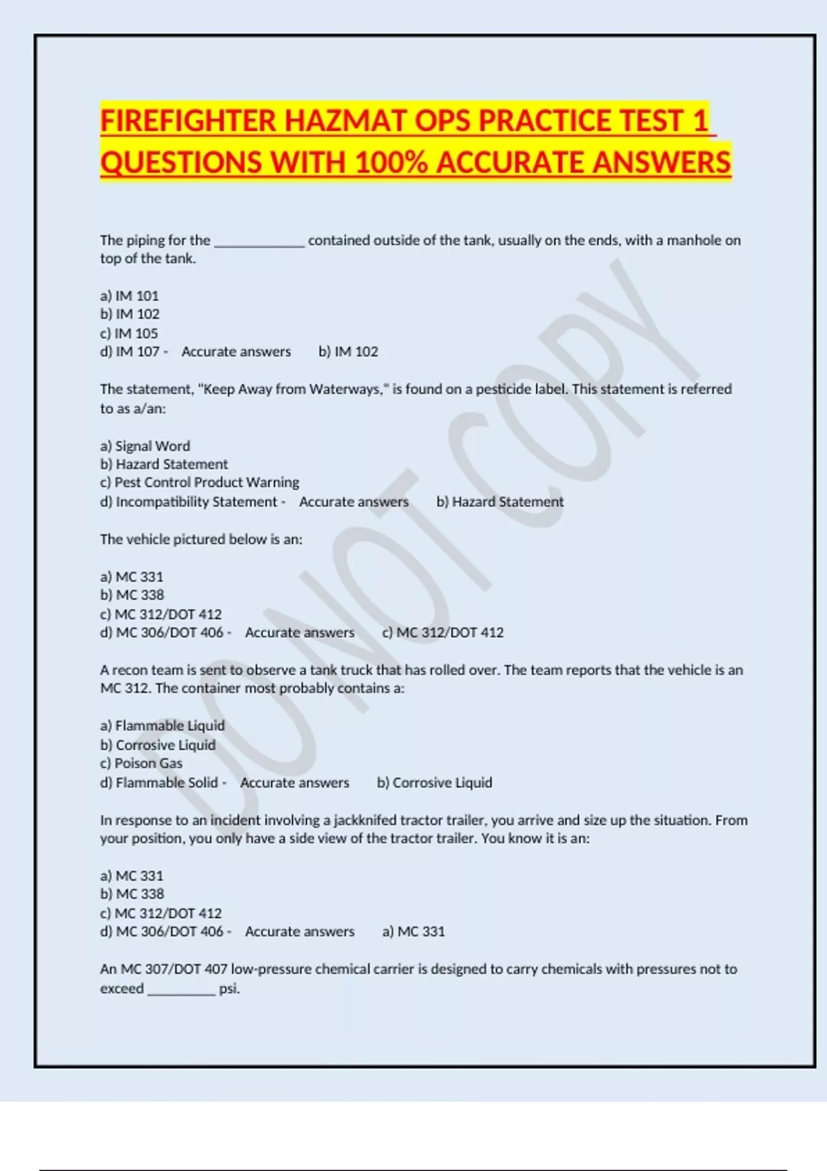 FIREFIGHTER HAZMAT OPS PRACTICE TEST 1 QUESTIONS WITH 100% ACCURATE ...