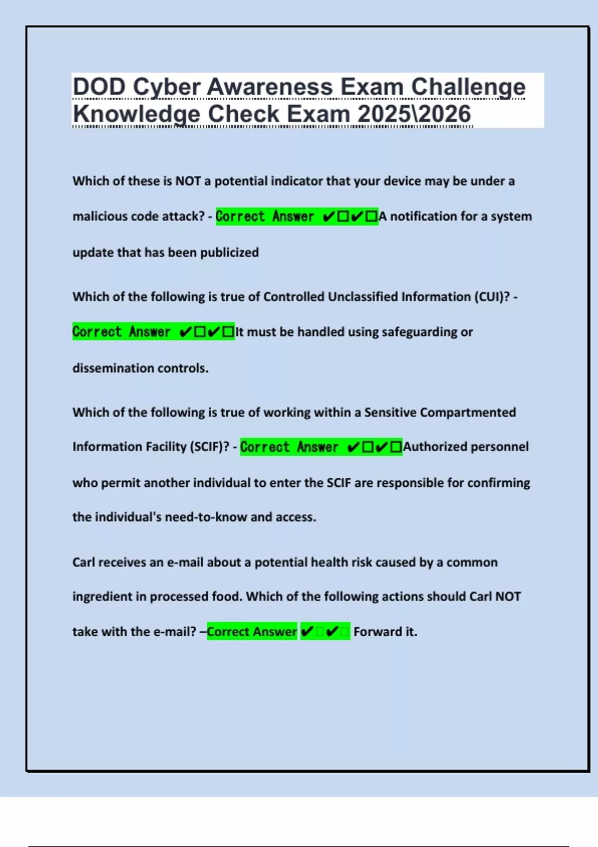 DOD Cyber Awareness Exam Challenge Knowledge Check Exam - DOD Cyber ...