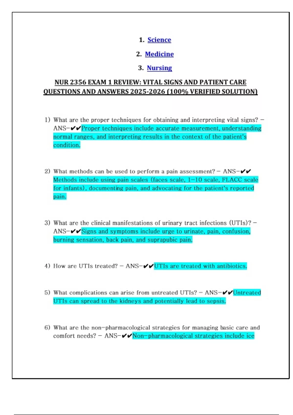 NUR 2356 EXAM 1 REVIEW: VITAL SIGNS AND PATIENT CARE QUESTIONS AND ...
