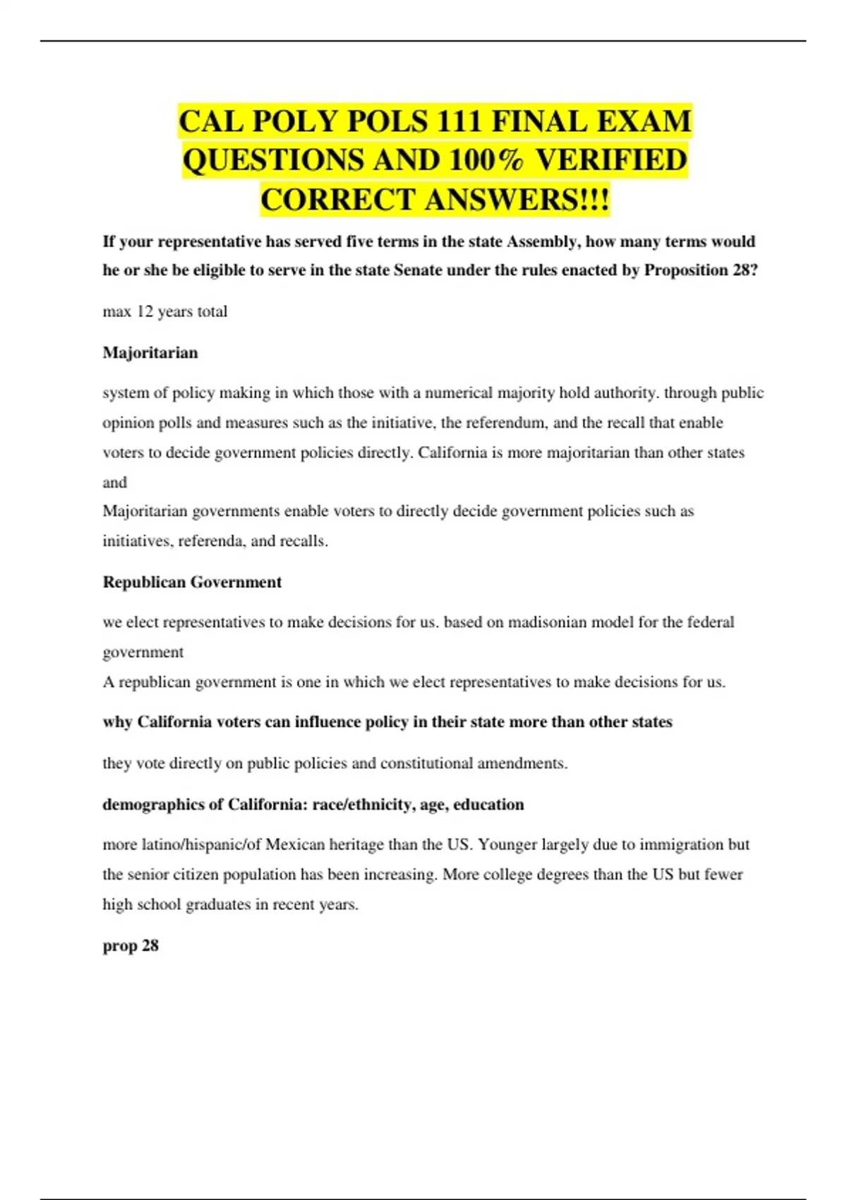 CAL POLY POLS 111 FINAL EXAM QUESTIONS AND 100% VERIFIED CORRECT ...