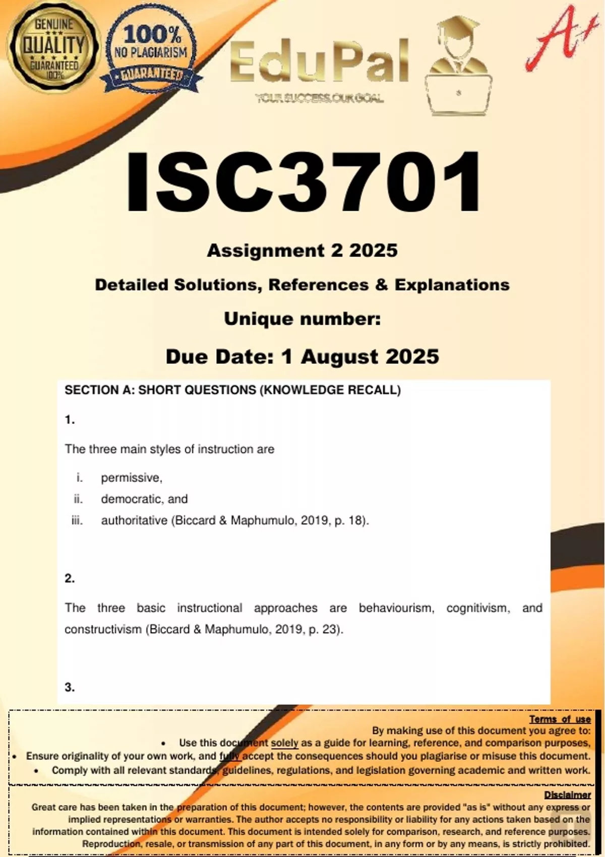 ISC3701 Assignment 2 (COMPLETE ANSWERS) 2025 - DUE 1 August 2025 - Instructional studies ...