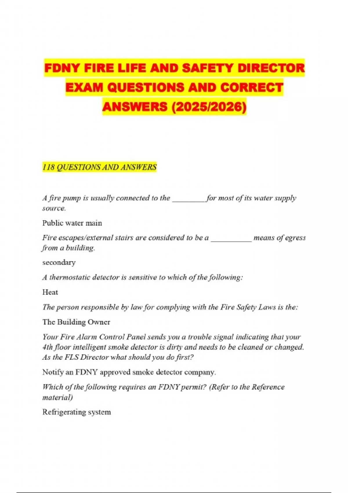 FDNY FIRE LIFE AND SAFETY DIRECTOR EXAM QUESTIONS AND CORRECT ANSWERS ...