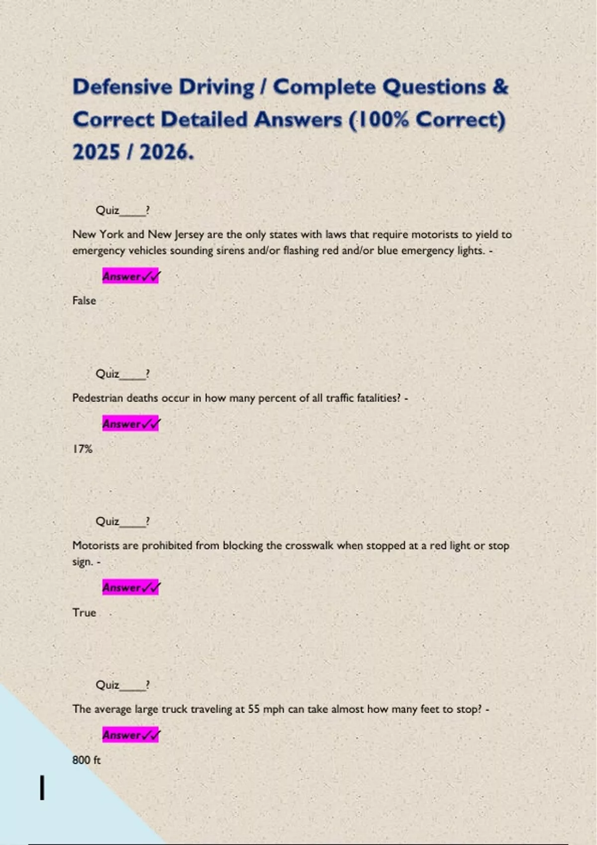 Defensive Driving / Complete Questions & Correct Detailed Answers (100% ...