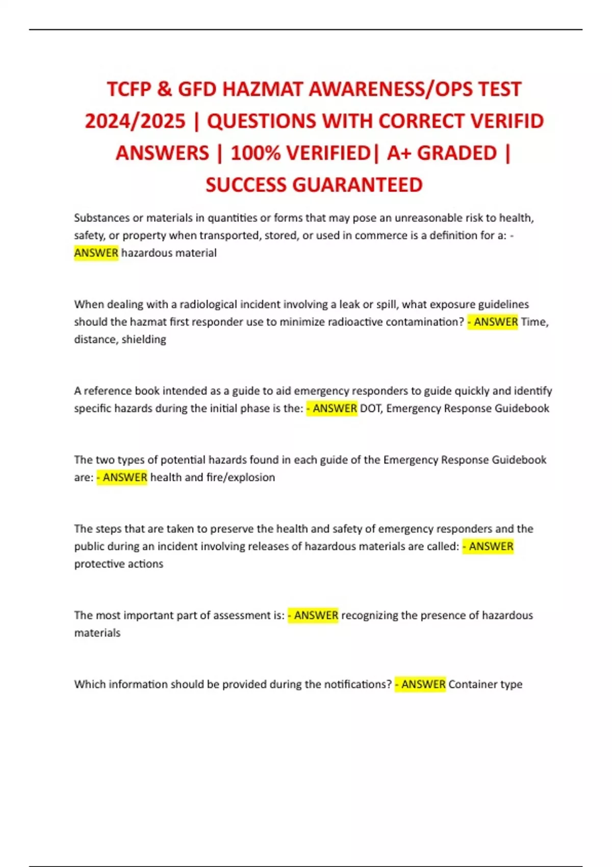 TCFP & GFD HAZMAT AWARENESS/OPS TEST 2024/2025 | QUESTIONS WITH CORRECT ...