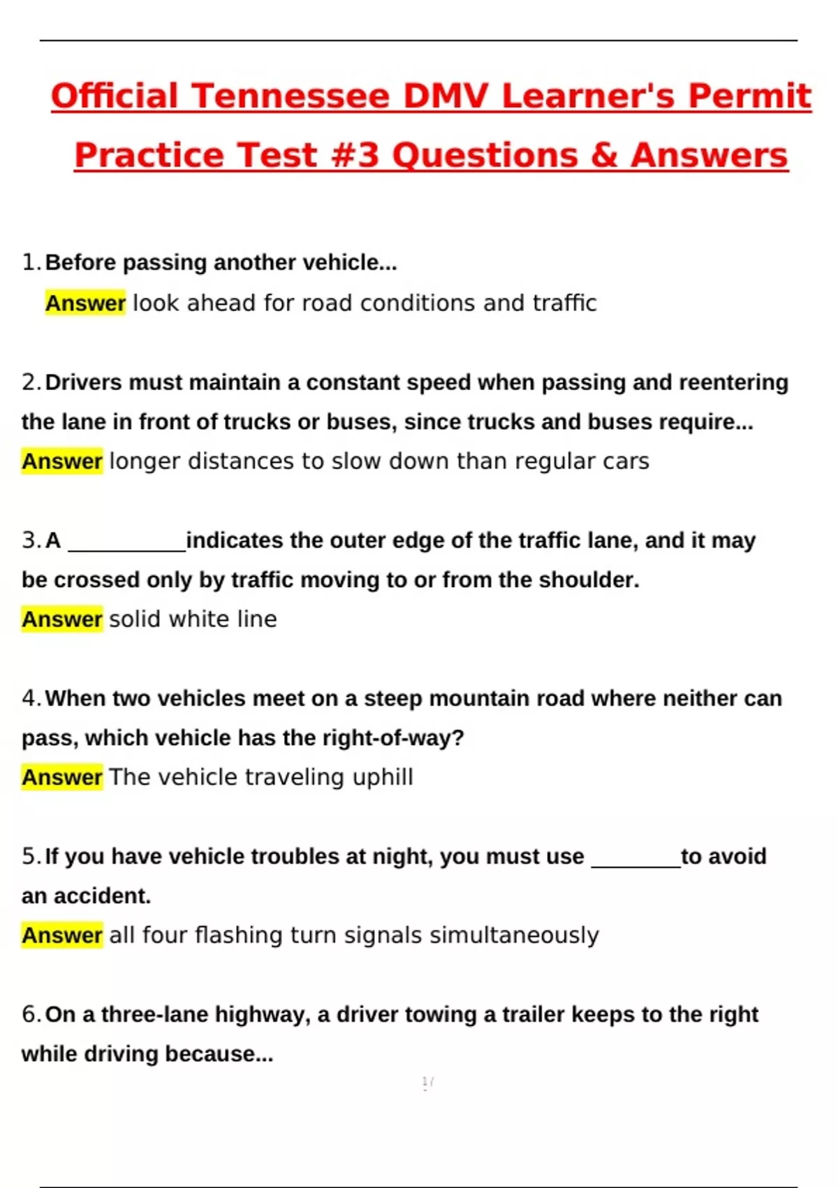 Official Tennessee DMV Learners Permit Practice Test 3 Latest 2025 ...