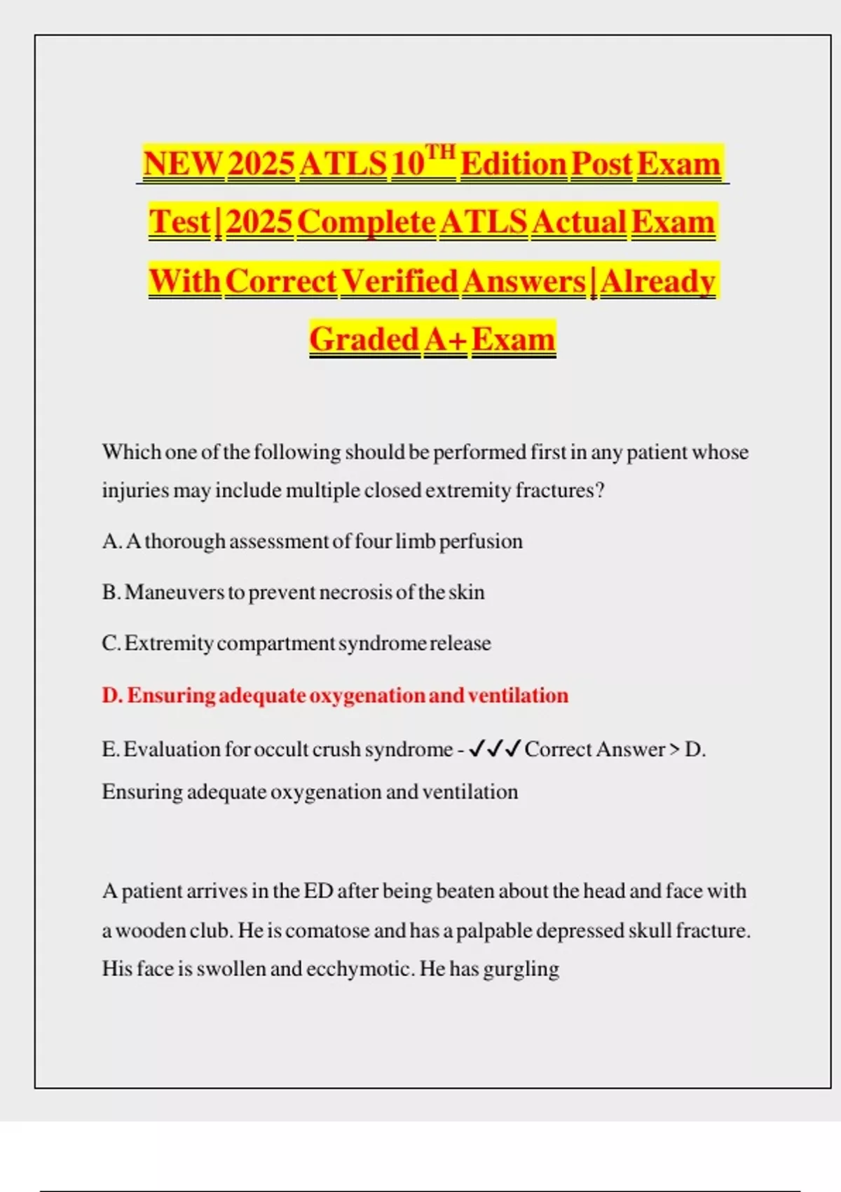 NEW 2025 ATLS 10TH Edition Post Exam Test 2025 Complete ATLS Actual ...