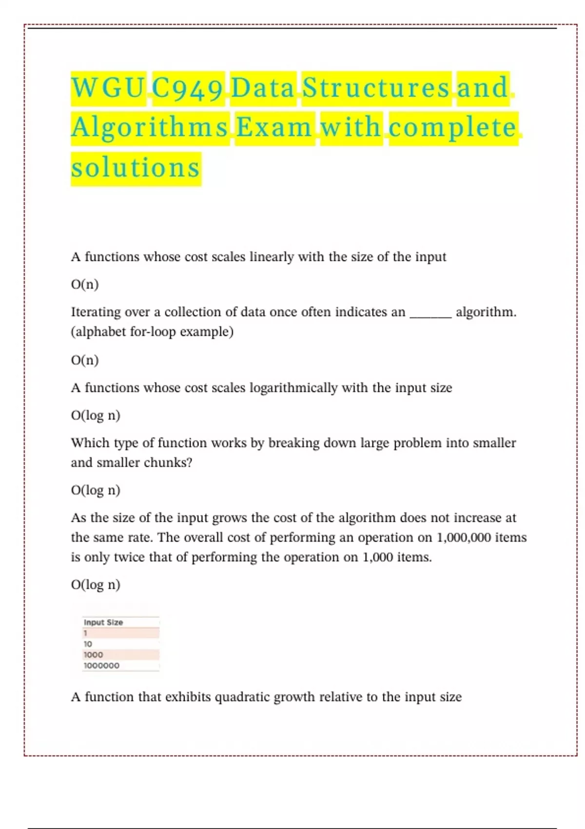 WGU C949 Data Structures and Algorithms Exam with complete solutions ...