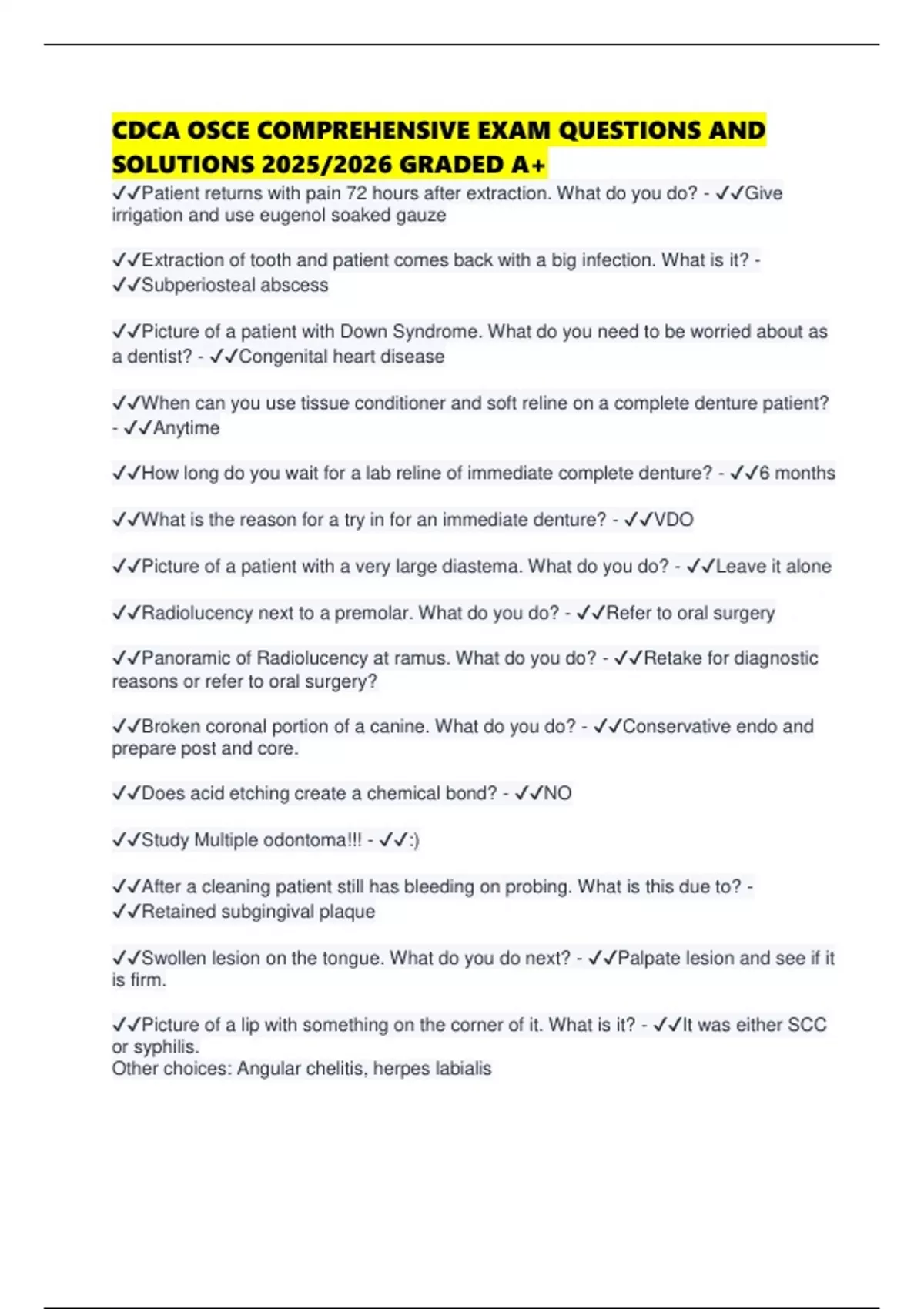 CDCA OSCE COMPREHENSIVE EXAM QUESTIONS AND SOLUTIONS 2025/2026 GRADED ...