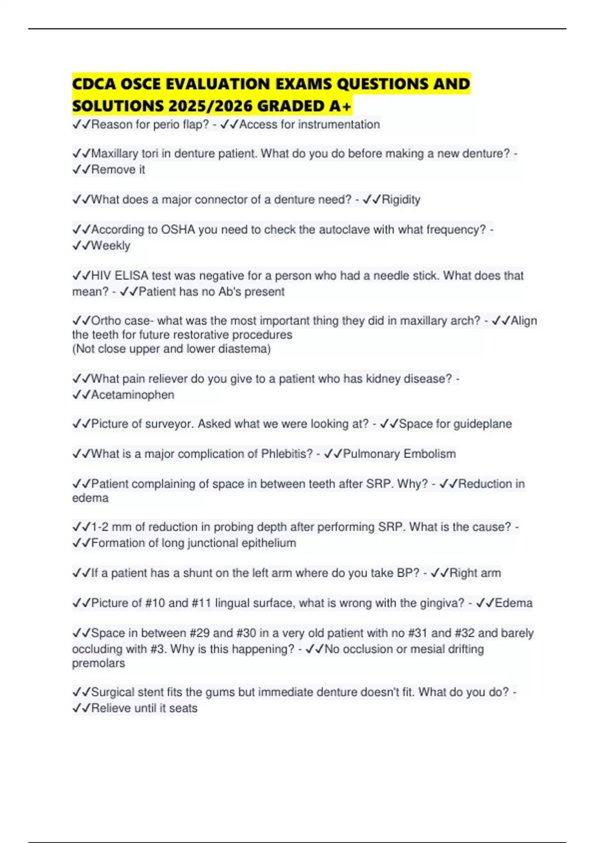 CDCA OSCE EVALUATION EXAMS QUESTIONS AND SOLUTIONS 2025/2026 GRADED A+ ...
